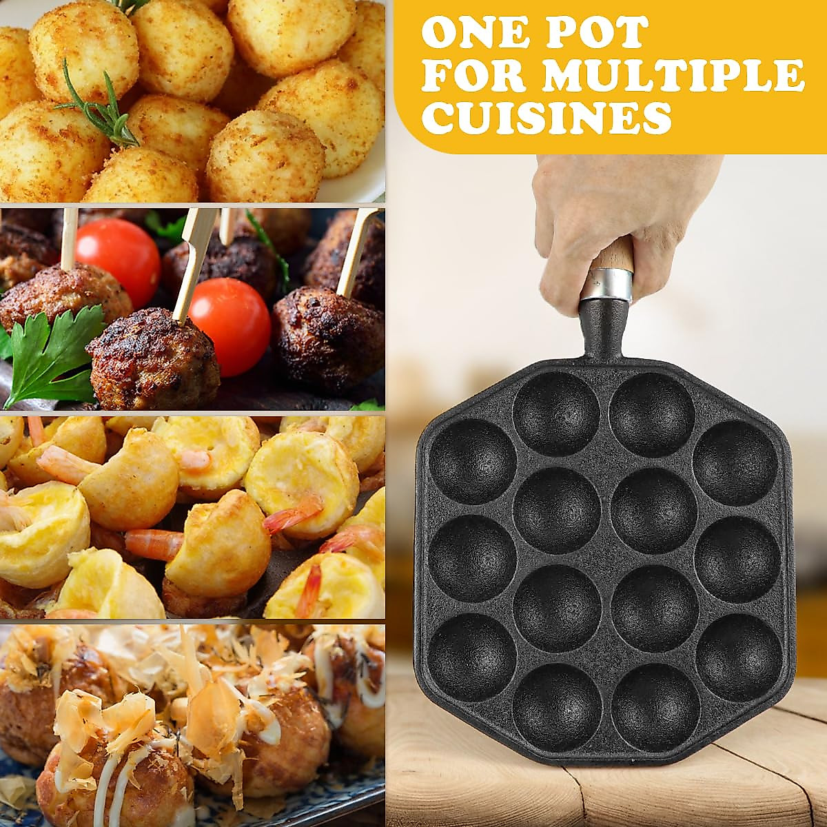 DOERDO Cast Iron Takoyaki Pan, 14 Holes Takoyaki Maker Meat Ball Mold Nonstick Baking Tray for Octopus Balls, 6.5 Inch