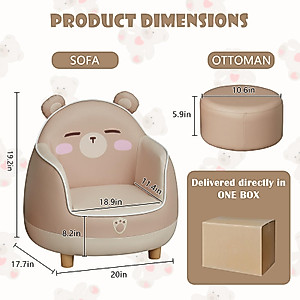 Kinpaw Kids Sofa Chair w/Ottoman, Children Leather Chair, Cartoon Themed Child Upholstered Armchair, Toddler Lounge Sofa Recliner for Nursery School Game Room Kindergarten, Bear