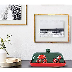 Mushroom Butter Dish With Lid For Countertop Ceramic Butterdish Red Butter Container Butter Tray Large Butter Dish Covered Butter Dish