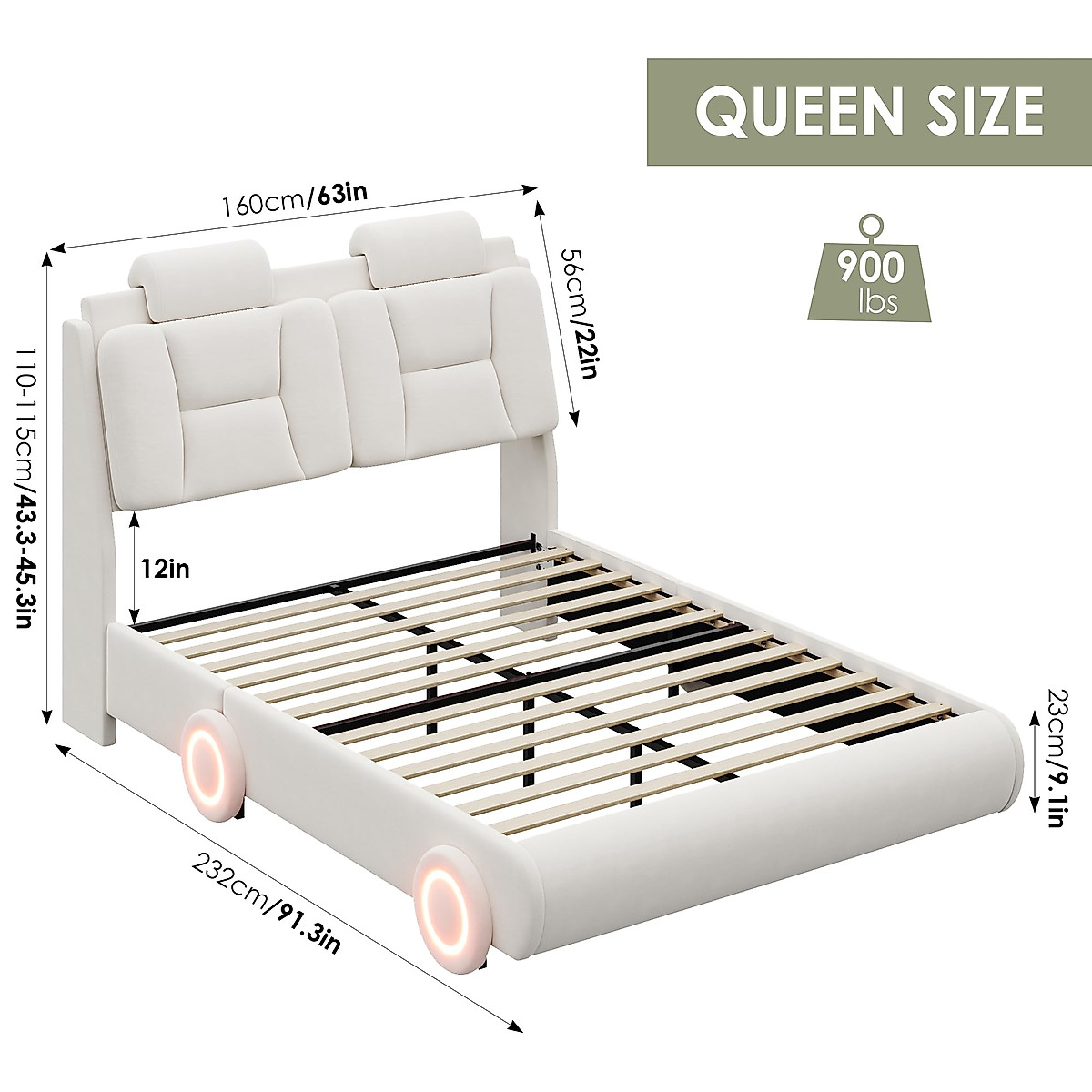 Queen Upholstered Led Bed Frame with Wheels Decor & Adjustable Curved Headboard Modern Car-Shaped Platform Bed with Detachable Pillows Solid Wooden Slats Support No Box Spring Needed, Velvet Beige