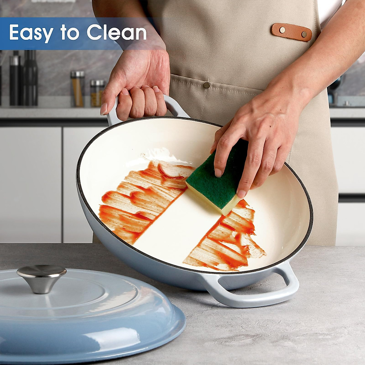 NUTRIUPS 3.6 Quart Braiser Enameled Cast Iron Dutch Oven Pot with Lid, Dutch Oven Cast Iron Non Stick Larger Handle, Cast Iron Braiser Pan with Lid Enameled Dutch Oven (Gradient Blue)