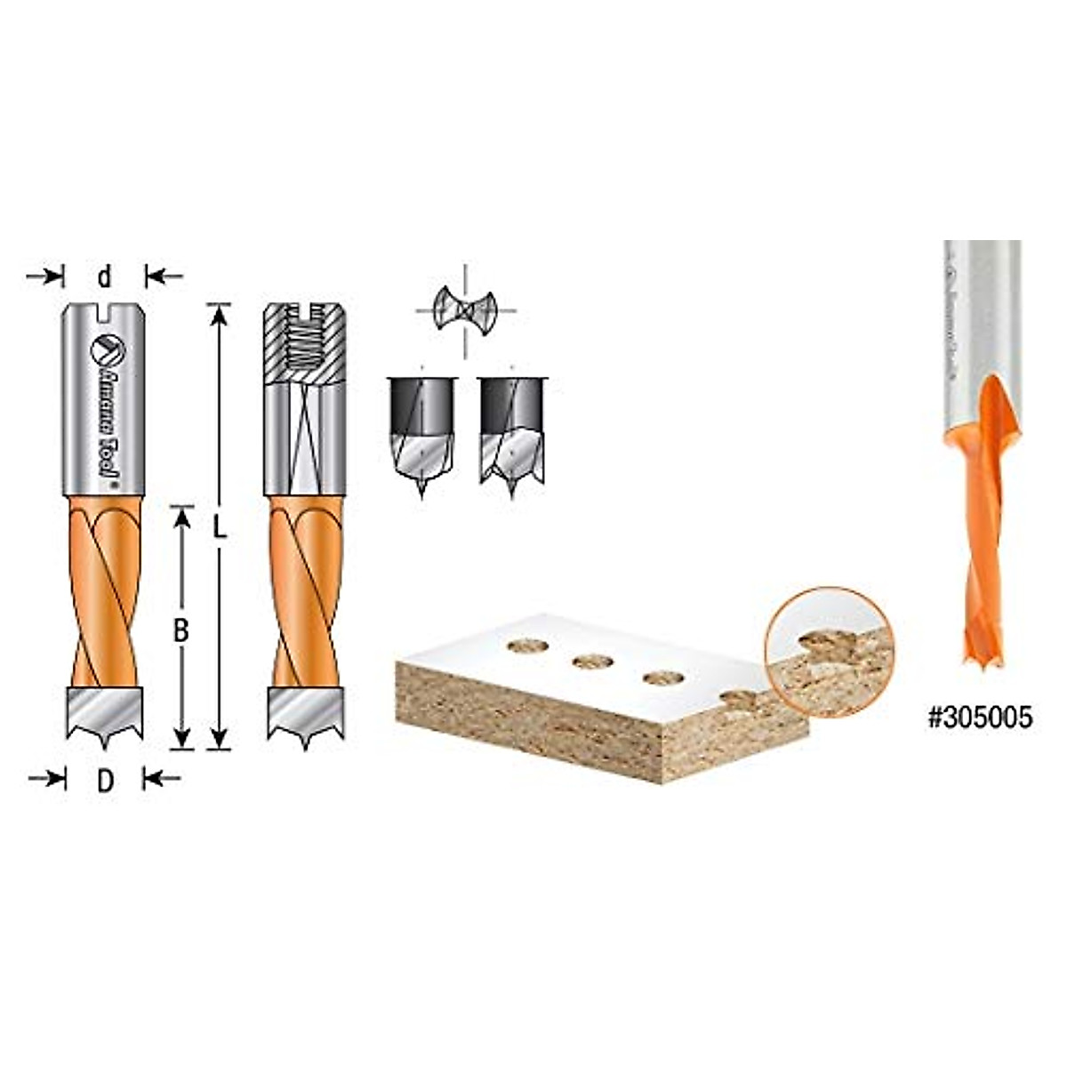 Amana Tool - 305008 Carbide Tipped Brad Pt. Boring Bit L/H 8mm Dia x 57mm Long x 10mm Sh