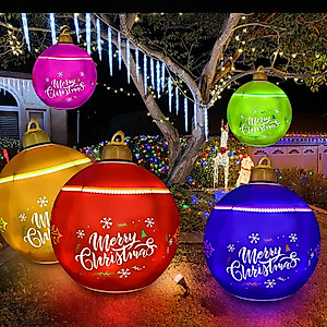 IOKUKI Light Up PVC Inflatable Christmas Ball, 24 Inch Large Outdoor Christmas PVC Inflatable Decorated Ball with Rechargeable LED Light & Remote for Outdoor Yard & Pool Decorations 1 PCS