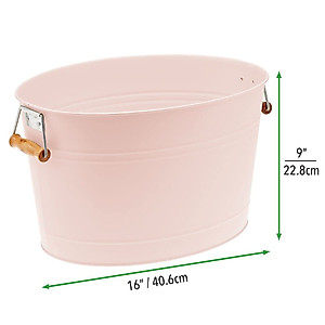 mDesign Large Metal Beverage Tub Oval Cooler for Beer, Wine, Ice, and Drinks - Portable 4.75 Gallon/18 Liter Cold Drink Trough for Parties - Steel Bin Bucket Stand with Bamboo Handles, Light Pink