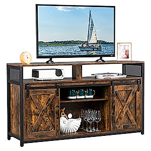 VINGLI Farmhouse TV Stand with Sliding Barn Doors for 65+ Inch TV Flat Screen, Rustic Entertainment Center Media Console Table Cabinet w/Adjustable Shelves (Rustic Brown)