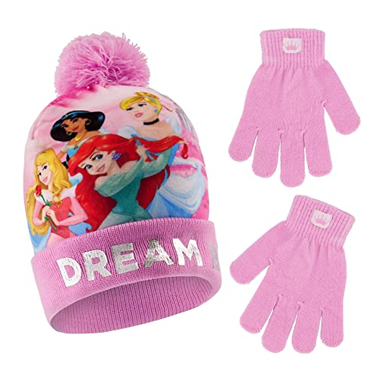 Disney Girls Princess Hat And Kids Gloves Set For Ages 4-7, Pink