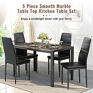 Recaceik Furniture 5 Piece Faux Dining Set, Modern Kitchen Table Marble Top and High Chairs for Breakfast Nook Small Spaces(Brown)