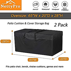 NettyPro Patio Cushion Storage Bags 2 Pack Water-Resistant Extra Large Bag for Outdoor Cushions Heavy Duty Patio Furniture Storage Bag 65 Inch, Black