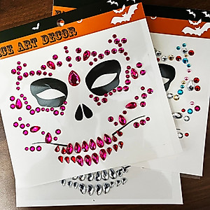 PADOUN Rhinestone Face Jewels, 3-Pack Day of the Died Face Gems Halloween Temporary Face Tattoo, Stick on Hollowing Prank Makeup Costume