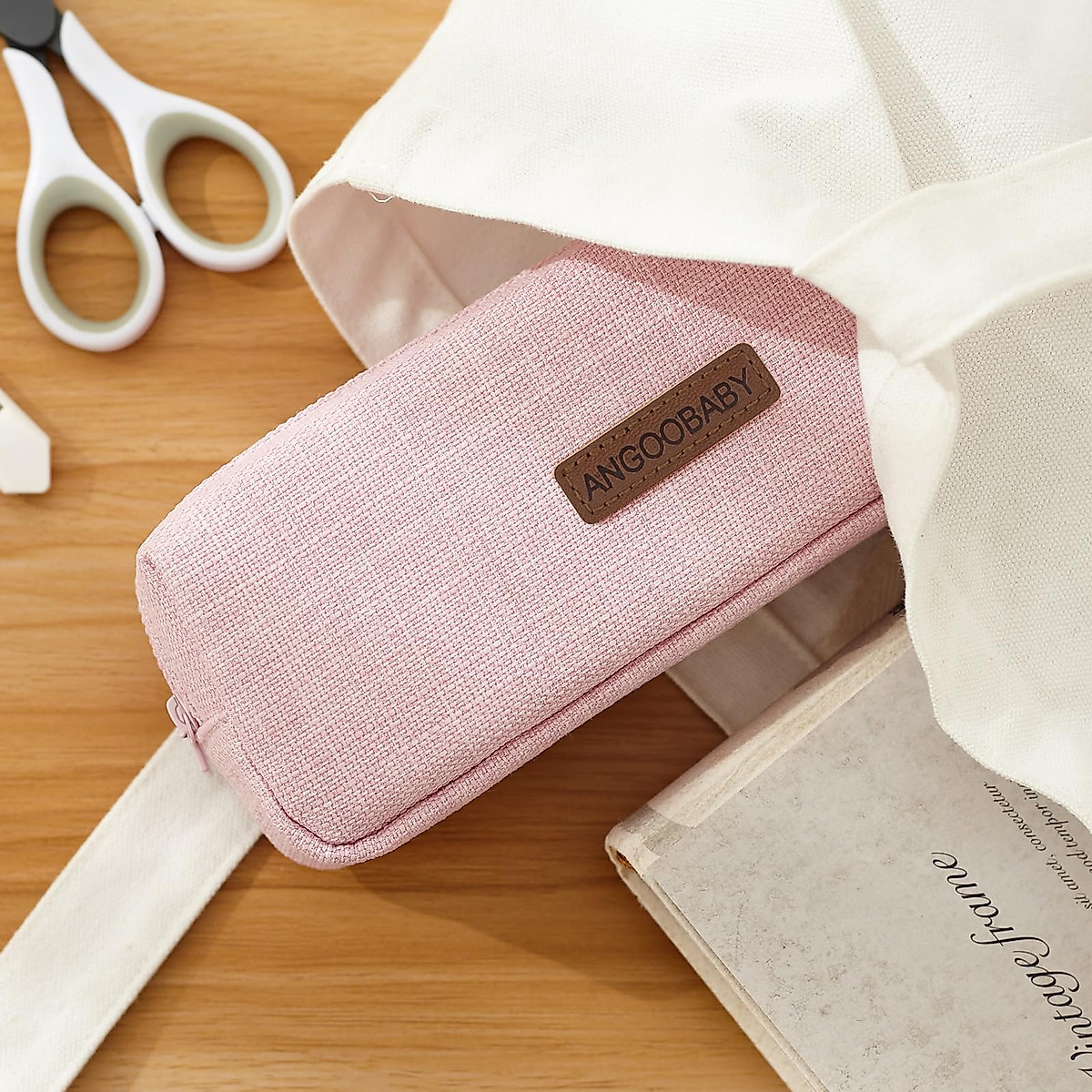 ANGOOBABY Small Pencil Case Student Pencil Pouch Coin Pouch Cosmetic Bag Office Stationery Organizer for Teen School-Pink