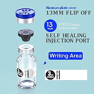 Biocomma 3ml 10pcs Sterile Empty Vial with Plastic Aluminum Flip Off Caps，Penicillin Bottle 13mm Crimp Top Sterile Transparent Borosilicate Lab Sample Vial (Transparent)