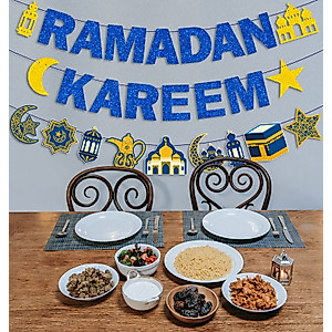 JKQ Blue Glitter Ramadan Kareem Banner and Lantern Star Moon Castle Pattern Banner Muslim Ramadan Mubarak Garland Banner Islamic Eid Mubarak Festival Celebration Party Fireplace Decorations