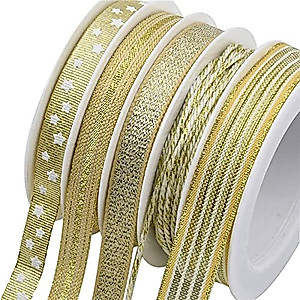 5 Rolls 27 Yards Gold Ribbon, Ribbon for Gift Wrapping, Crafts Fabric for Gift Ribbon, Glitter Ribbon for Wrapping Decoration Wedding Birthday Holiday Gift Wrapping Party
