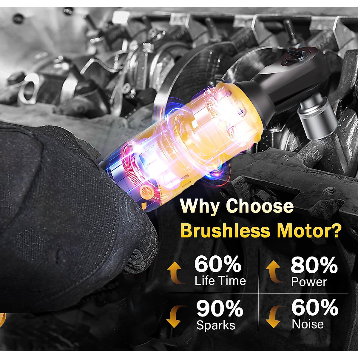 3/8" Cordless Ratchet Wrench Compatible With Dewalt 20V MAX Battery, 74Ft-Lbs Brushless Motor Power Ratchet Wrench with 1/4" Adapter, Power Electric Ratchet drive (Tool Only)