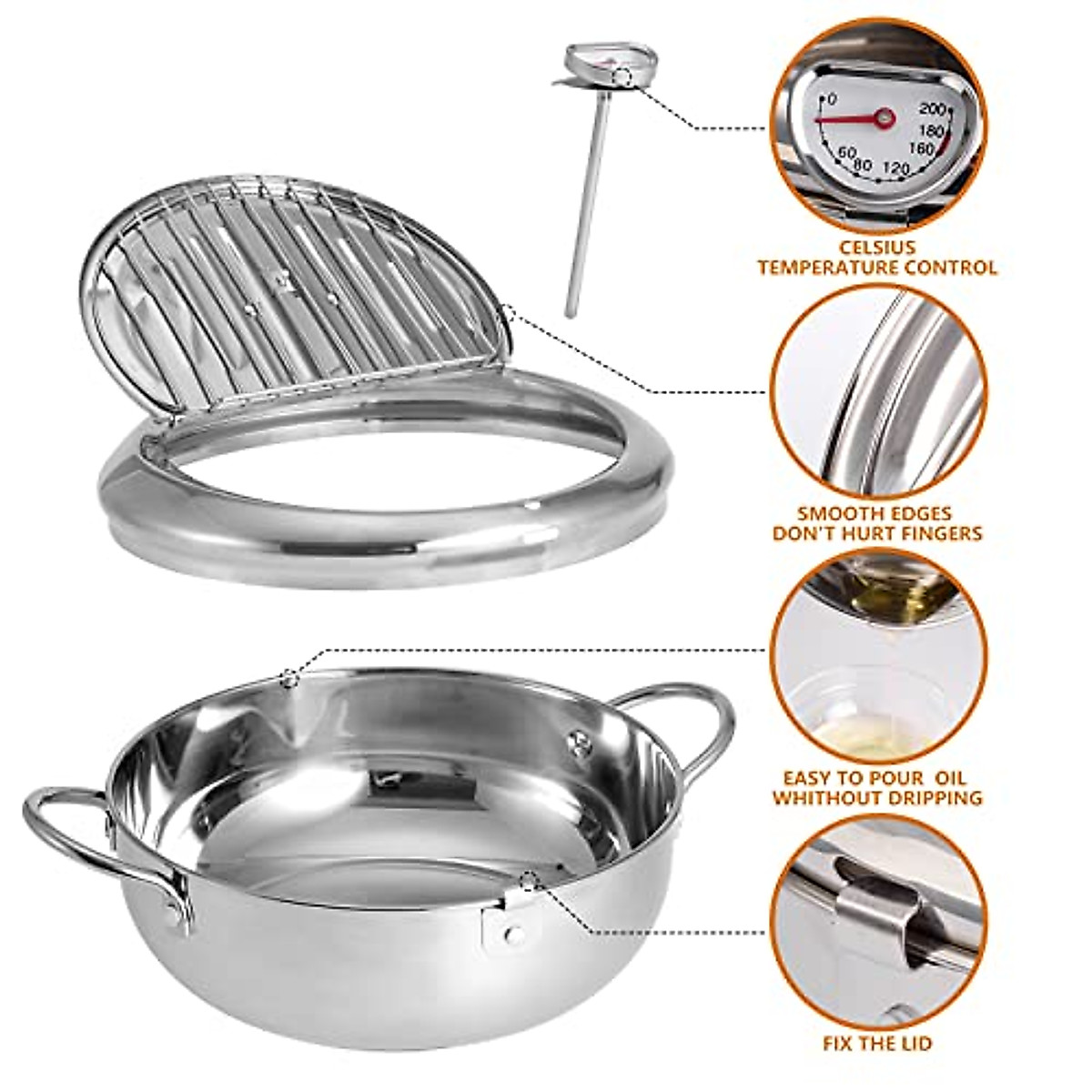 deep Fryer Pot,304 Stainless Steel with Temperature Control and Lid Japanese Style Tempura Fryer Pan Uncoated Fryer Diameter: 9.4"