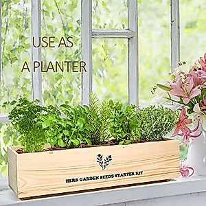 Indoor Herb Grow Kit, 5 Herb Seeds Garden Starter Kit with Complete Planting Kit & Wooden Flower Box, Growing into Basil, Parsley, Rosemary, Thyme, Mint for Kitchen Windowsill Herb Garden DIY
