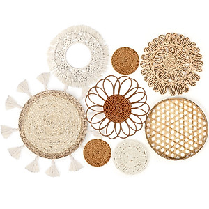 Set of 8 Boho Wall Basket Decor Flat Woven Basket Wall Decor Set Rattan Wall Decor Round Bamboo Hanging Wall Basket Macrame Tassels Wall Tapestry Boho Basket Wall Art for Bedroom Living Room Nursery