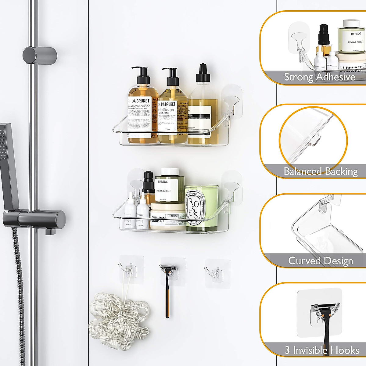 UDD Clear Shower Caddy with Razor Holder Hook, Wall Floating Shelves Shower Organizer Storage Adhesive Shower Rack for Bathroom (2 Pack, Small)