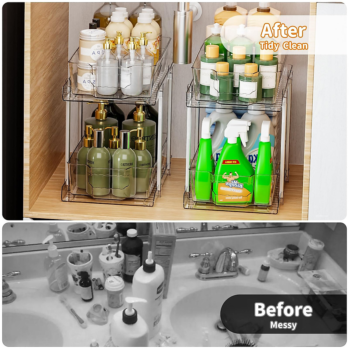2 Pack Bathroom Cabinet Organizer,Clear 2 Tier Pull Out Under Sink Organizers and Storage,14.8 L*9.5 W*12.8 Tall Slide Out Kitchen Pantry Medicine Organization and Storage Shelves Bins with Dividers