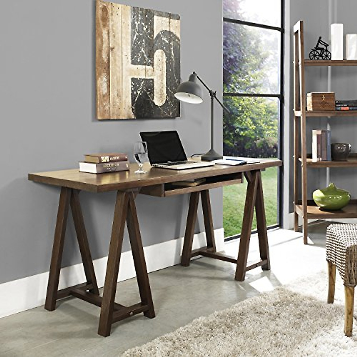 SIMPLIHOME Sawhorse SOLID WOOD Modern Industrial 60 inch Wide Home Office Desk, Writing Table, Workstation, Study Table Furniture in Medium Saddle Brown
