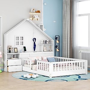 Mirightone Montessori Floor Bed with Rails Full Size Kids Bed Frame with Storage Drawers and Shelves Wood Platform Bed with House-Shaped Headboard and Charging Station, White