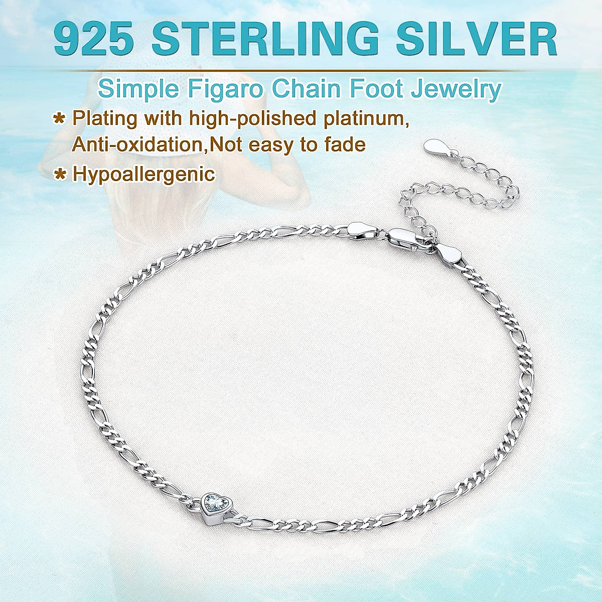 SILVERCUTE April Birthstone Ankle Bracelet 925 Sterling Silver 3mm Chain for Barefoot Figaro Anklets for Women, 8.5"-10.5"