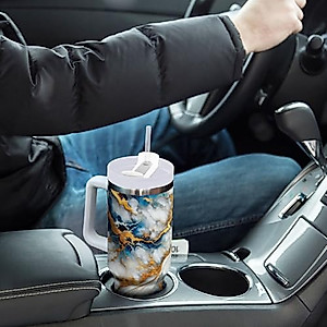 Maunzc 40 oz Tumbler with Handle and Straw, Insulated Stainless Steel Travel Mug with Lid for Coffee, Iced Tea, Water, Gift for Men Women (White Blue Gold Marble)