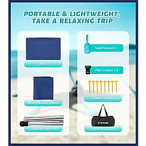 EYEFAME UPF50+ Anti-Wind Beach Tent with Sandproof Private Beach Wind Screen, Stable 8 Sandbags Design Beach Canopy Sun Shade with Carrying Bag, Portable Easy Assemble Sun Shelter for Outdoor Camping