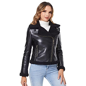 DIASHINY Women's Faux Shearing Fur Winter Coat Warm Thick Fur Lined Faux Leather Jacket (039 Black,XL)