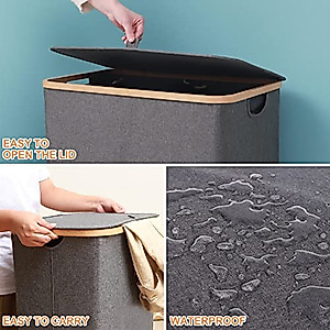 Bienvoun Laundry Basket with lid - 110L Large Waterproof Collapsible Clothes Laundry Hamper with Bamboo Handles for Clothes, Toys in Bedroom, dorm room and laundry room (Gray)