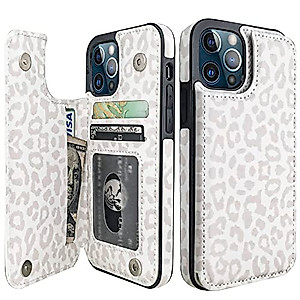 HAOPINSH for iPhone 12/12 Pro Wallet Case with Card Holder, White Leopard Cheetah Pattern Back Flip Folio PU Leather Kickstand Card Slots Case for Women Girls, Double Magnetic Clasp Shockproof 6.1"