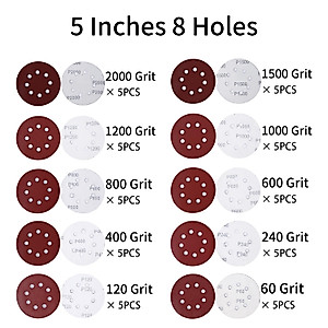 50-Piece 5 inch Sanding Disc Complete Grit Selection, Sanding Discs Sandpaper for Random Orbital Sander 60/120/240/400/600/800/1000/1200/1500/2000