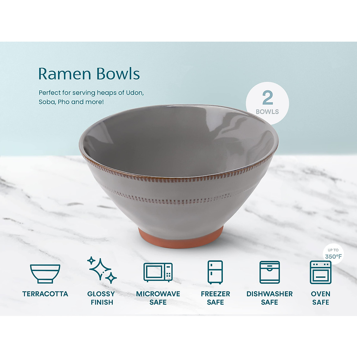 KooK Terracotta Japanese Ramen Bowls, Microwavable, Dishwasher Safe, for Rice, Udon, Soba, Pho, 36 oz, with One Set of Wooden Chopsticks, Perfect For Gifting, Set of 2 (Carbon Grey)