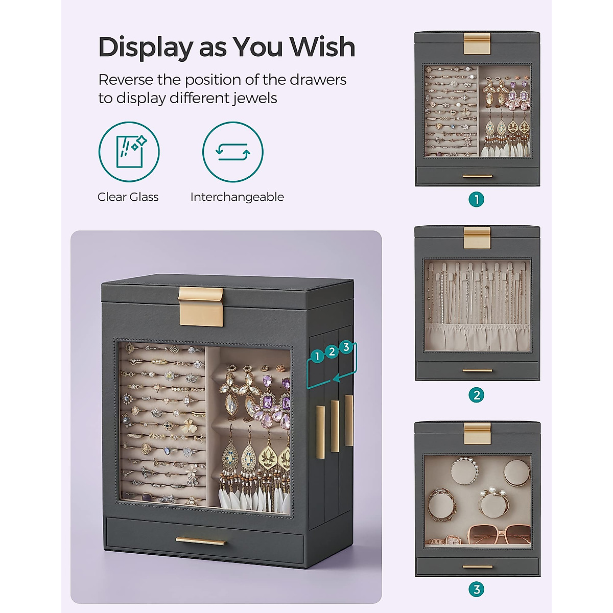 SONGMICS Jewelry Box with Glass Window, 5-Layer Jewelry Organizer with 3 Side Drawers, Jewelry Storage, with Big Mirror, Modern, 6.1 x 10.3 x 12.6 Inches, Slate Gray and Metallic Gold UJBC162G01