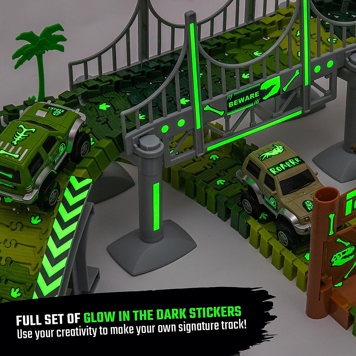 JITTERYGIT Dino Track Train and Construction Track Site Christmas Bundle Gift, Glow in The Dark Playset Racing Play Site Set,Cool Racetrack Present for Children, Ages 3 4 5 6 7 8 9 Years Old