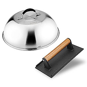 Skyflame Cheese Melting Dome & Grill Press Kit, 12'' Stainless Steel Basting Cover and 8'' Cast Iron Burger Bacon Press, 2pcs Griddle Accessories Set for Flat Top BBQ Teppanyaki Indoor/Outdoor Cooking
