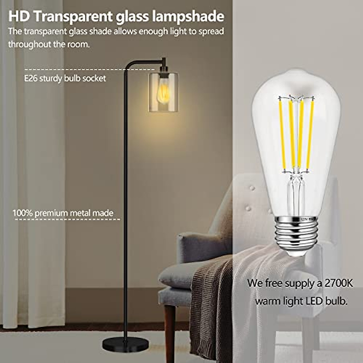 QiMH Industrial Floor Lamp for Living Room, Modern Standing Lamp with HD Glass Lampshade and Pedal Switch, 67” Tall Pole Light for Bedroom Study Room, Black (2700K LED Bulb Included)