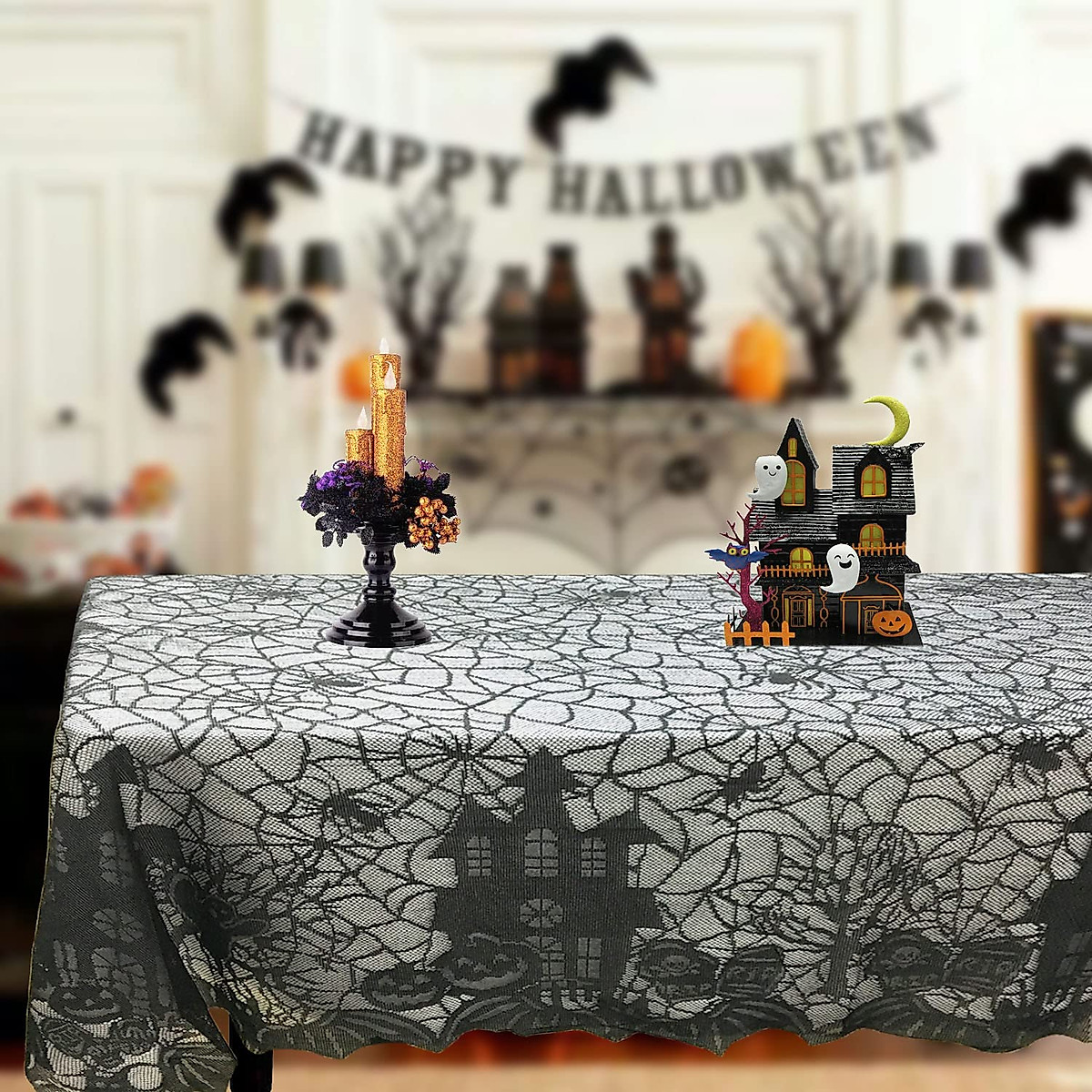 Joysail Halloween Tablecloth - Gothic Black Lace Spider Web Table Cover for Halloween Masquerade, Dinner Party, Scary Movie Nights Table Decorations - 54x72 Inches