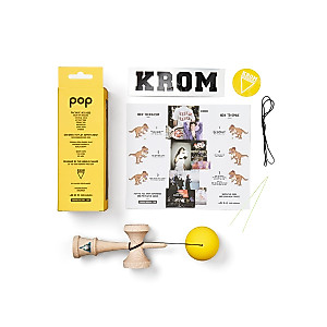KROM - Kendama Toy POP Yellow - High Wood Quality - Extra Strong - for Beginner and Pro - Gift Pack : Extra String + Stickers