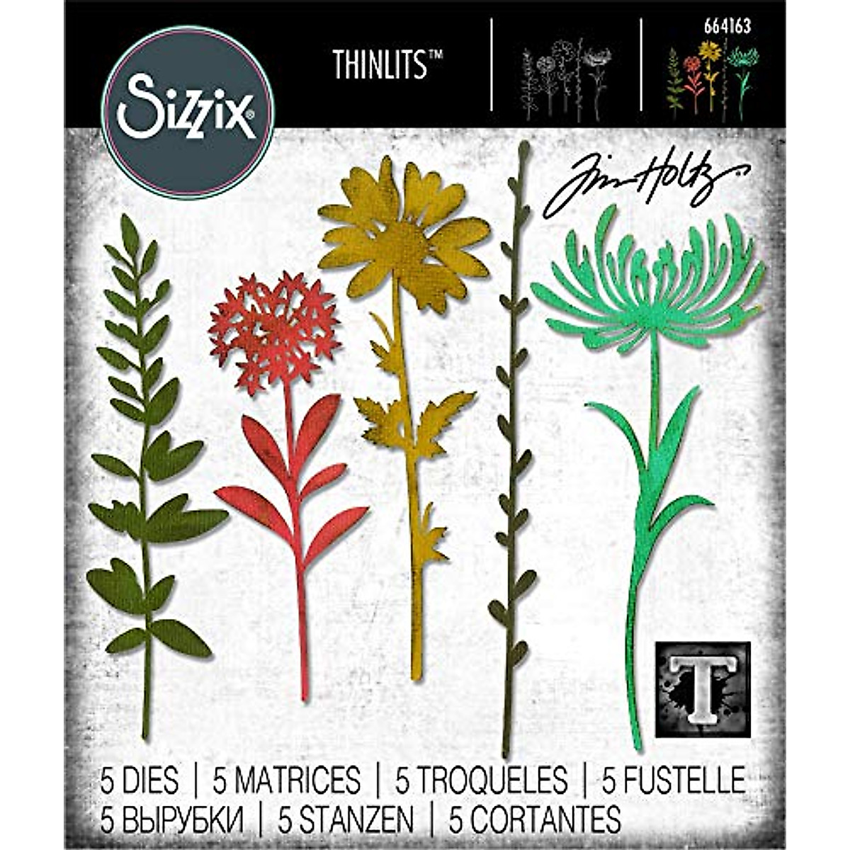 Sizzix Thinlits Die Set , Wildflower Stems #1 by Tim Holtz, 5 Pack, One Size, Multicolor 5 Piece