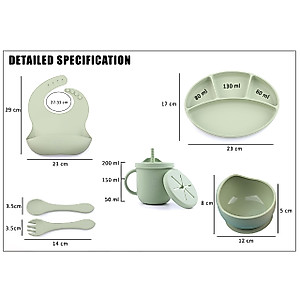 Silicone Feeding Utensils Set 8Pcs For Baby- Led Weaning Essentials-Divided Suction Plate-Lid-Bowl-Fork-Spoon-Adjustable Bib-2in1 Drinking + Snack Cup, Gift for Infant and Toddler (Oliver Green)