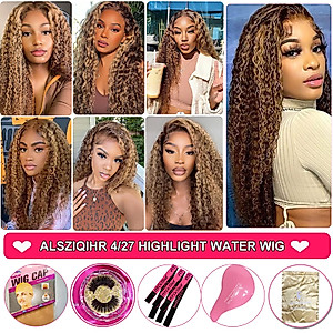 Highlight Ombre 13x4 Lace Front Wig Human Hair Pre Plucked HD Transparent 4/27 Honey Blonde lace frontal Wigs with Baby Hair 180% Density Colored Water Wave Lace Front wig Human Hair for Women 26 inch