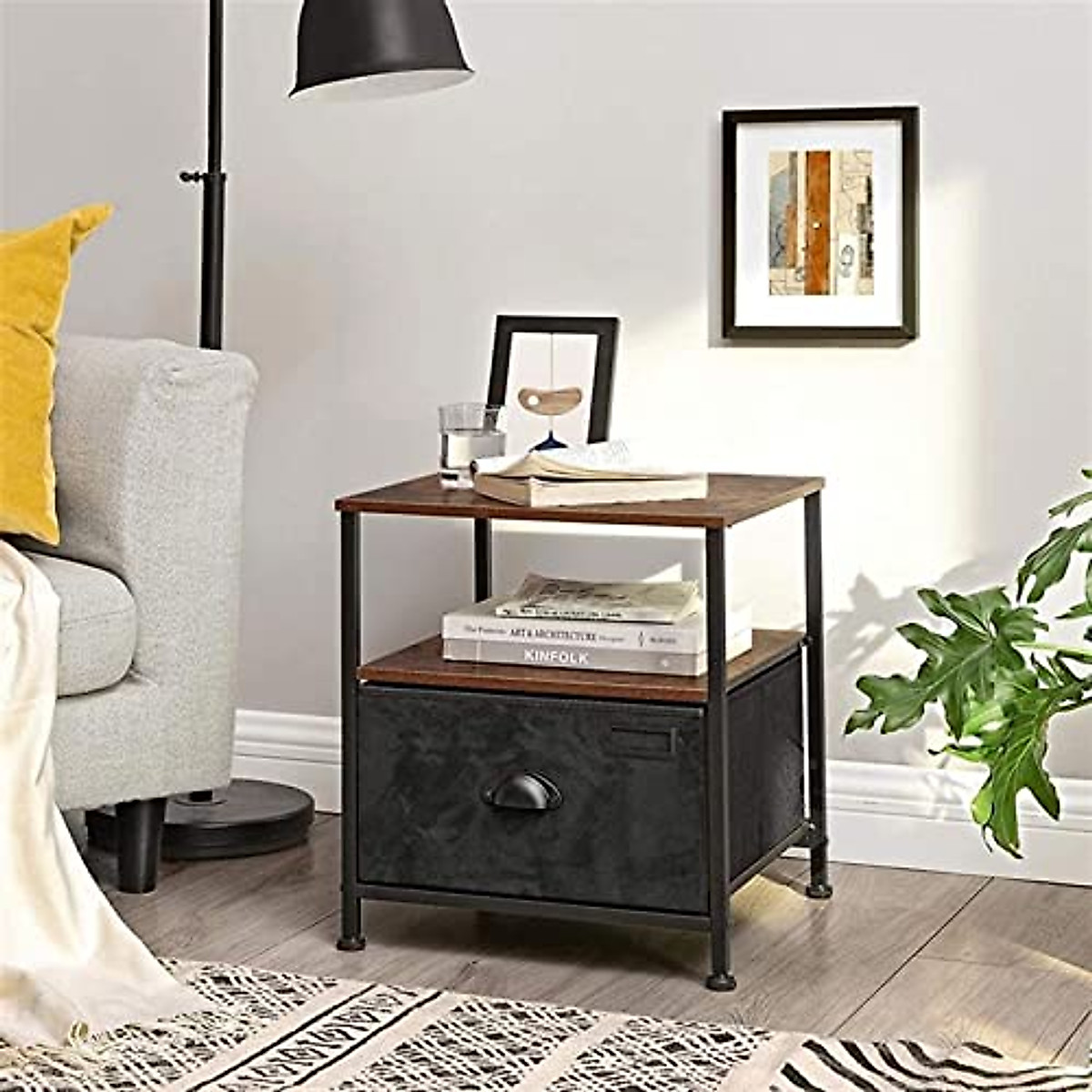 HIGOH Bedside Table Bedside Table, 3-Tier Bedside Table with Drawers, 2 Shelves, Dresser with Fabric Drawers