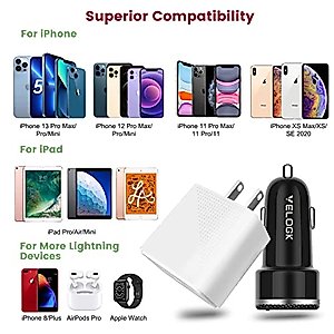 iPhone 13 14 12 Fast Charger Kit, VELOGK 20W USB C PD Wall/Car Charger Adapter for iPhone 14/13/12/Pro/Max/Mini/11/Xs Max/XR/X, iPad Pro/Air, with 2X【Apple MFi Certified】iPhone Lightning Cables(3.3ft)