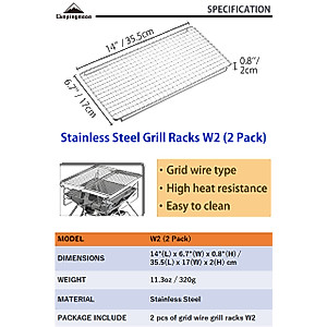 CAMPINGMOON Grill Racks Cooling Racks for Grilling Baking Cooking 304 Stainless Steel 2pcs set W2 14"(L) x 6 ¾"(W) Grid Wire Oven safe Dishwasher-safe