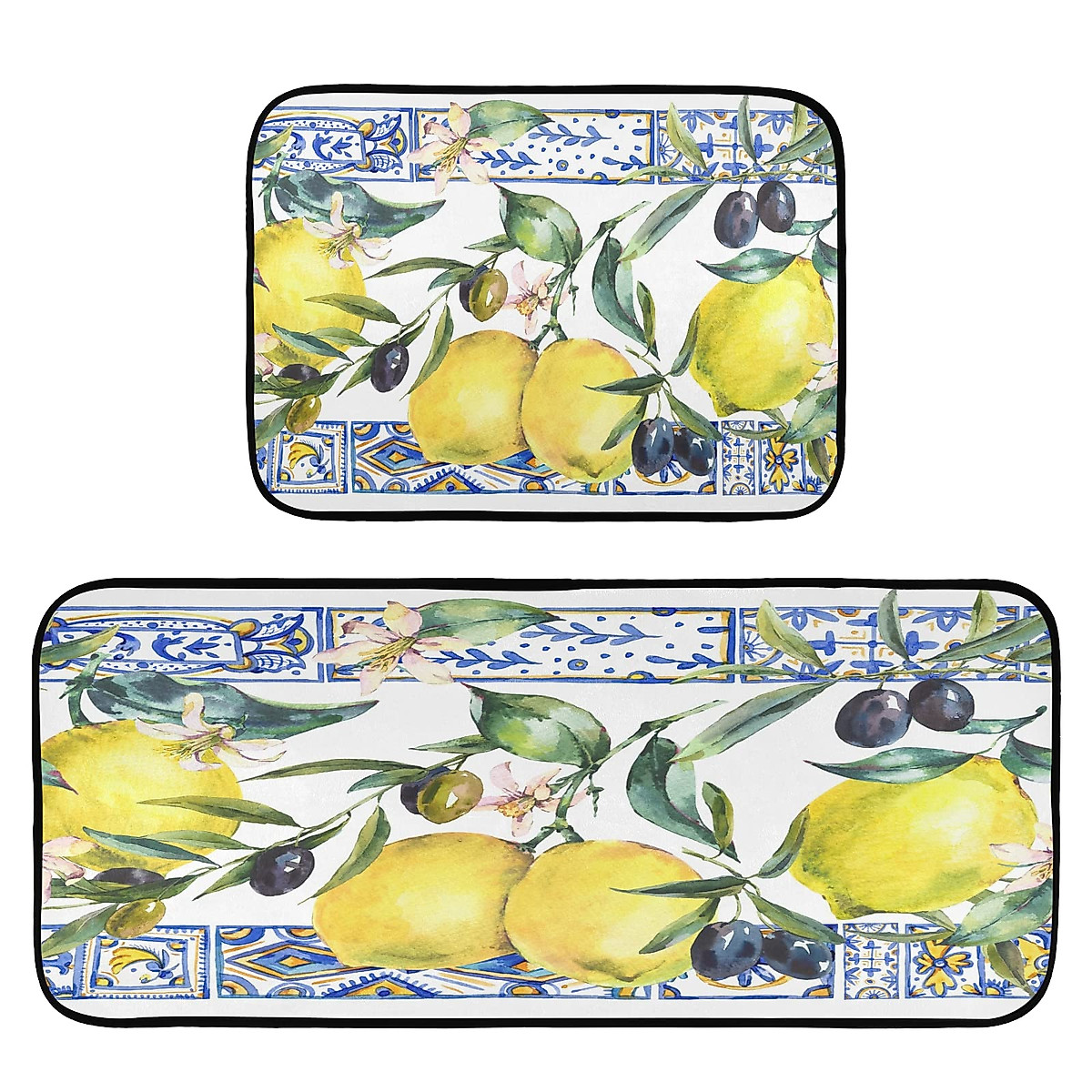 Washable Kitchen Rugs Set 2 Piece Watercolor Lemon Olive Branches Anti Fatigue Floor Mats Bathroom Carpet, 27"x19" and 47"x19"
