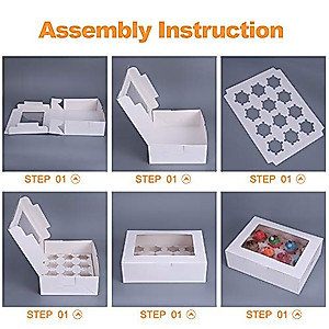 [15-Packs] White Cupcake Boxes 12 Holders Standard Cupcakes, Cupcake Containers Carrie Holders for Cookies, Muffins and Pastries13.8 x 9.5 x 4inch with Inserts and PVC Windows