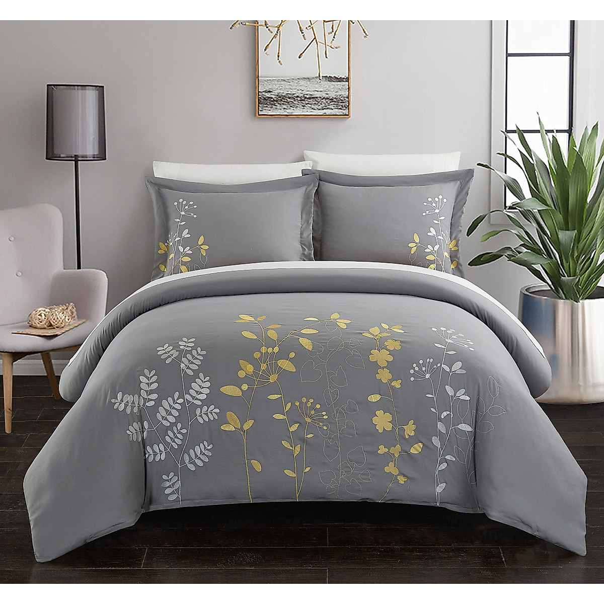 Chic Home Kaylee 3 Piece Cover Set Embroidered Floral Design Backing Zipper Closure Bedding-Decorative Pillow Shams Included, Queen Duvet, Yellow