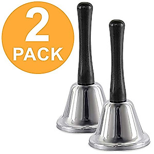 [2 Pack] Silver Steel Call Bells with Handle - Hand Bell Ring, Bed Alarm Elderly Assistance, School Teacher Classroom Doorbell, Office Reception Desk Restaurant Counter Tea Table Ringer Instrument