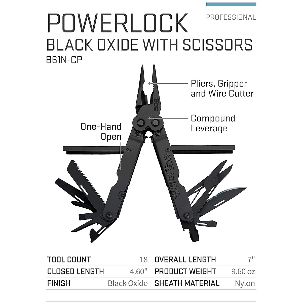 SOG PowerLock Multi-Tool- Compound Leverage Technology with EOD Crimper Device, 420 Stainless Steel Body, 18 Lightweight Specialty Tools (B61N-CP) , Black